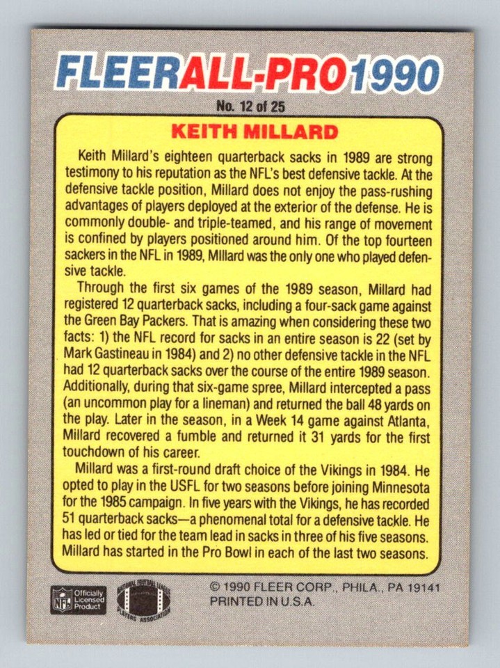 1990 Fleer All-Pro #12 Keith Millard Minnesota Vikings Football Card | eBay