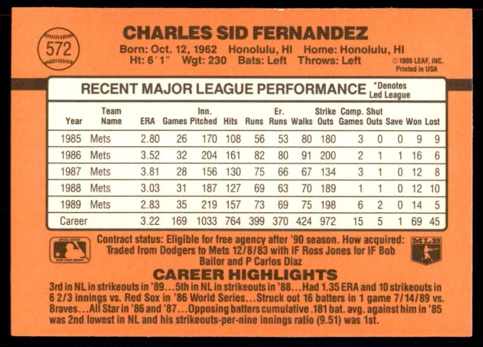 1990 Donruss Sid Fernandez Baseball Cards #572 | eBay