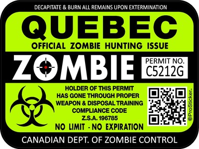 One Canada Quebec Zombie Hunting License Permit 3"x 4" Decal Sticker ...