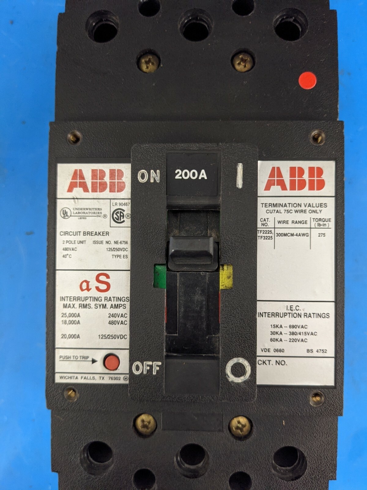 ES-200A-2P-AUX - ABB 200A AMP 2P POLE 18kA@480V FEED THROUGH CIRCUIT ...