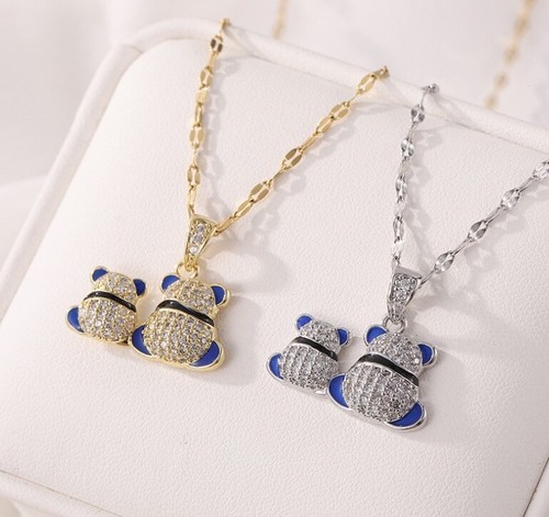 Titanium Silver/Gold Blue Ears Love Couple Teddy Bear CZ Pendant Chain ...