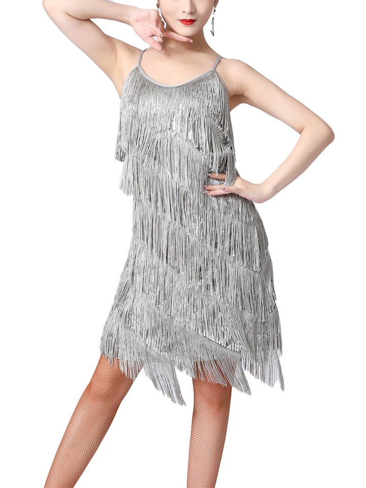 Women Sequins Fringe Tassel Flapper Dress Samba Chacha Tango Latin ...