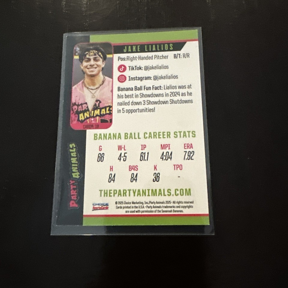 Jake Lialios Party Animals Baseball Card Savannah Bananas 2025 ...