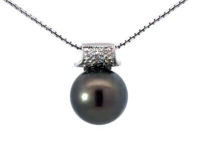 Tahitian Pearl Diamond Bail Pendant on 16" Round Box Chain 18K White ...