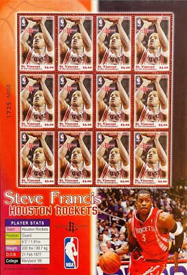ST VINCENT STEVE FRANCIS STAMP SHEET 2004-5 mnh NBA BASKETBALL HOUSTON ...