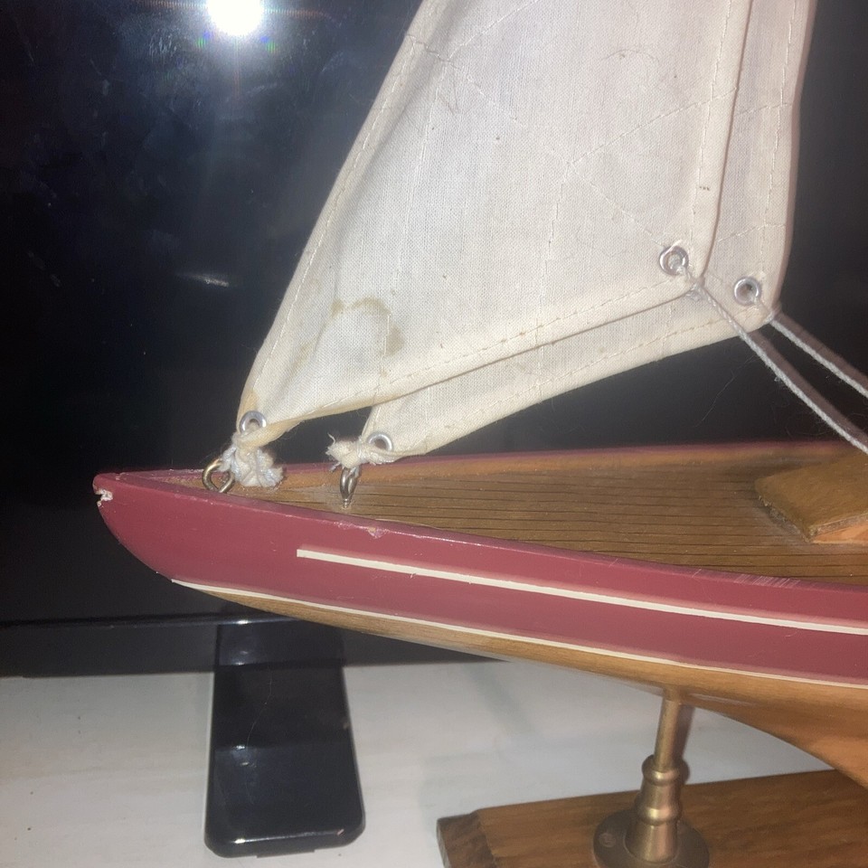 Vintage Handmade Detailed Wooden Sailboat Model Display w/ Cloth Sails ...