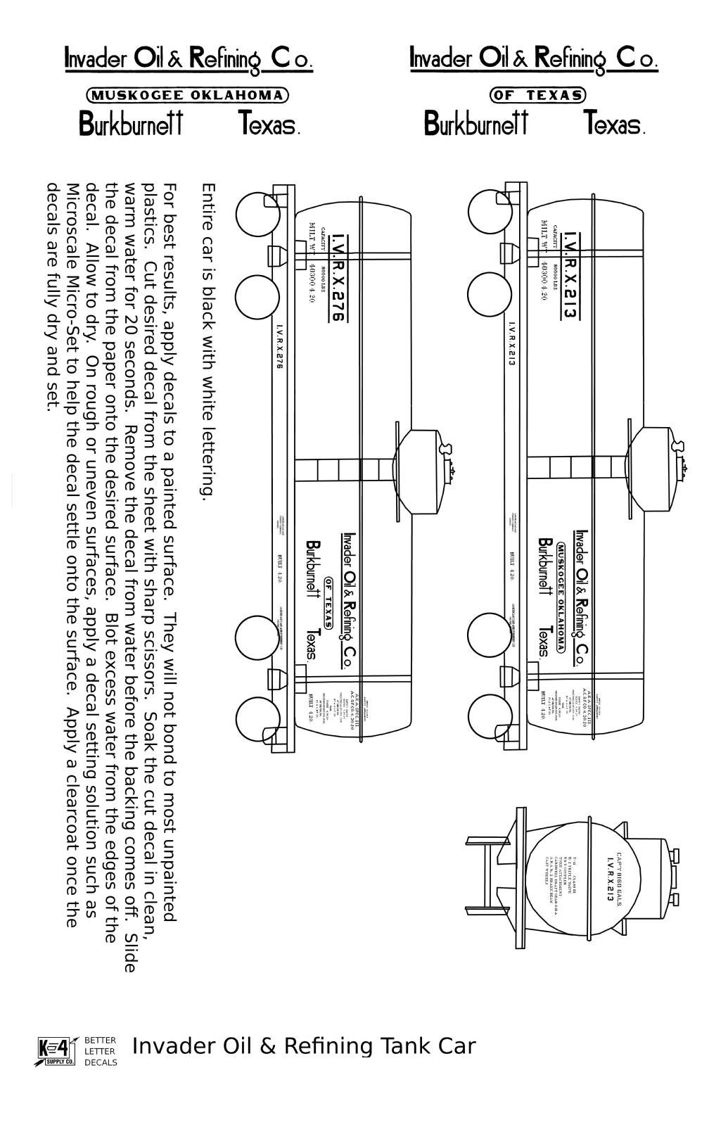 K4 HO Scale Decals Invader Oil Refining Single Dome Tank Car White | eBay