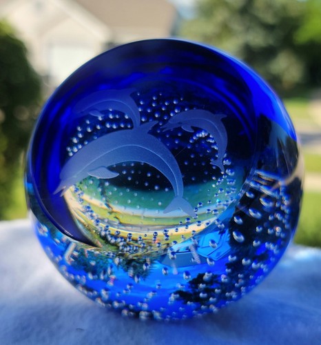 Caithness Scotland Cobalt Blue Paperweight Jumping Dolphins Water Rain ...