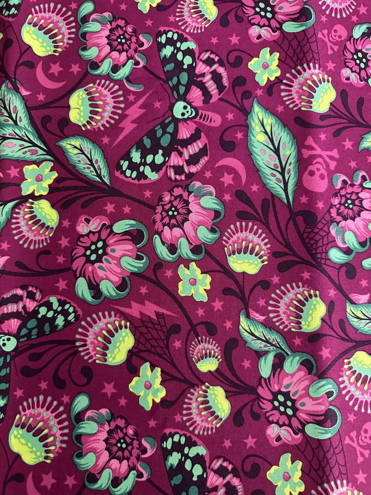 TULA PINK Fabric De La Luna Venus Clairvoyant Skulls Moth Butterfly BTY ...