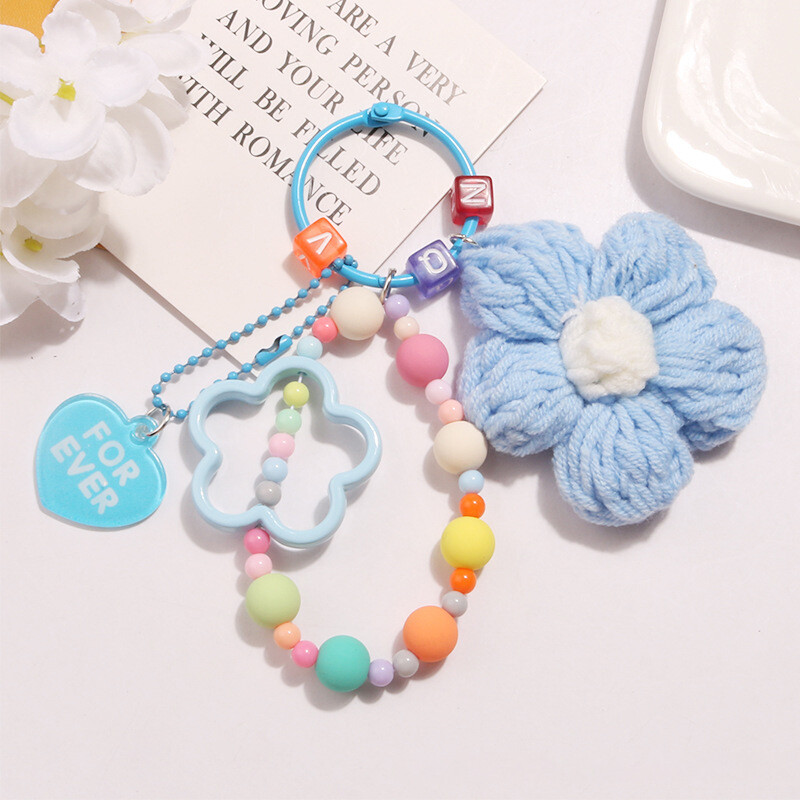 Cartoon Wool Knitted Flowers Key Chains Beaded Wristlet Lanyard ...