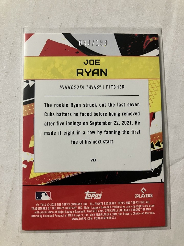 2022 Topps Fire Joe Ryan Rookie RC #78 Green /199 Twins | eBay