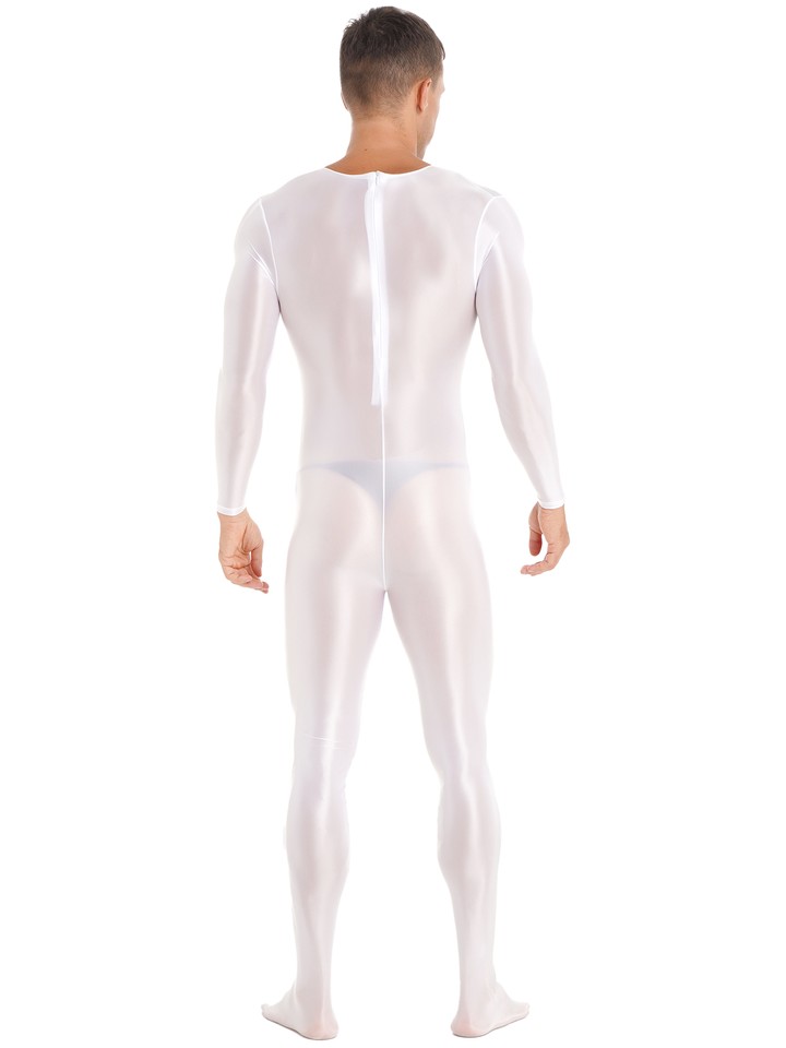 Mens Back Zipper Bodystocking Glossy Solid Color Long Sleeve Bodysuit ...
