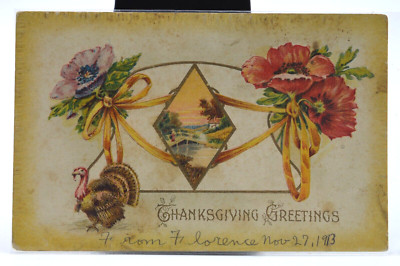 c1910 - Thanksgiving Greetings - Turkey/Flowers/Stream/Bridge Antique ...