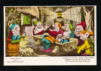 WALT DISNEY Snow White Grumpy Dwarfs washing c1930s Valentine RP PPC no ...