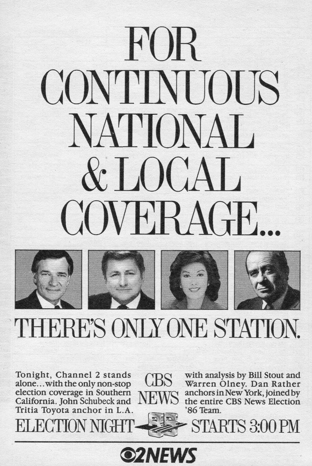 FULL PAGE 1986 TV NEWS AD BILL STOUT WARREN OLNEY TRITIA TOYOTA JOHN ...