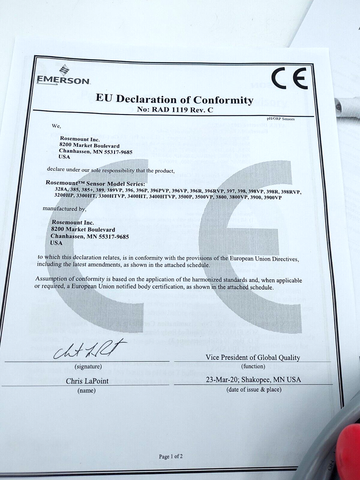 EMERSON ROSEMOUNT 396P-01-10-55-41 PH/ORP SENSOR - TUpH SILICORE ...