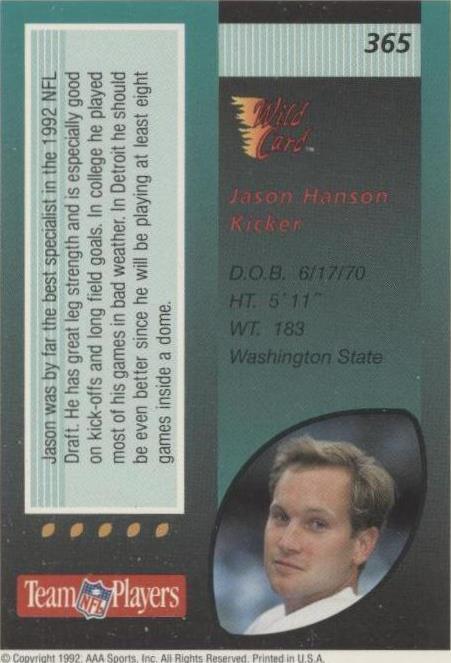 1992 Wild Card Jason Hanson #365 for sale | eBay
