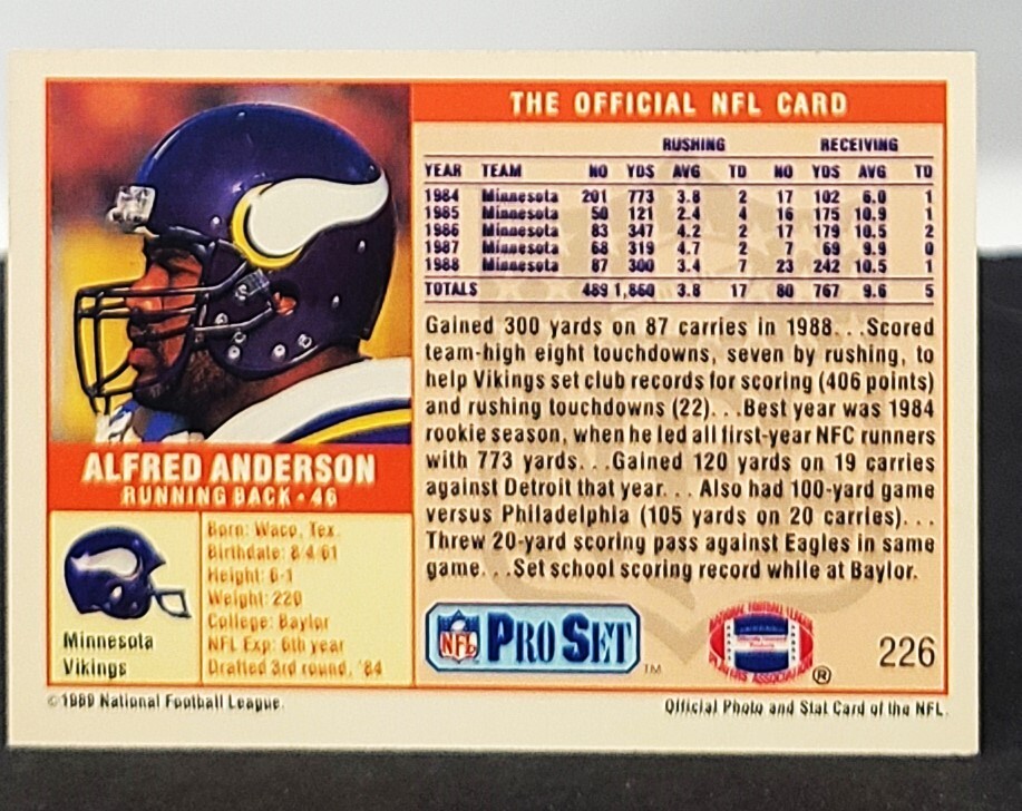 ALFRED ANDERSON Signed 1989 Pro Set Football Card #226 Minnesota ...