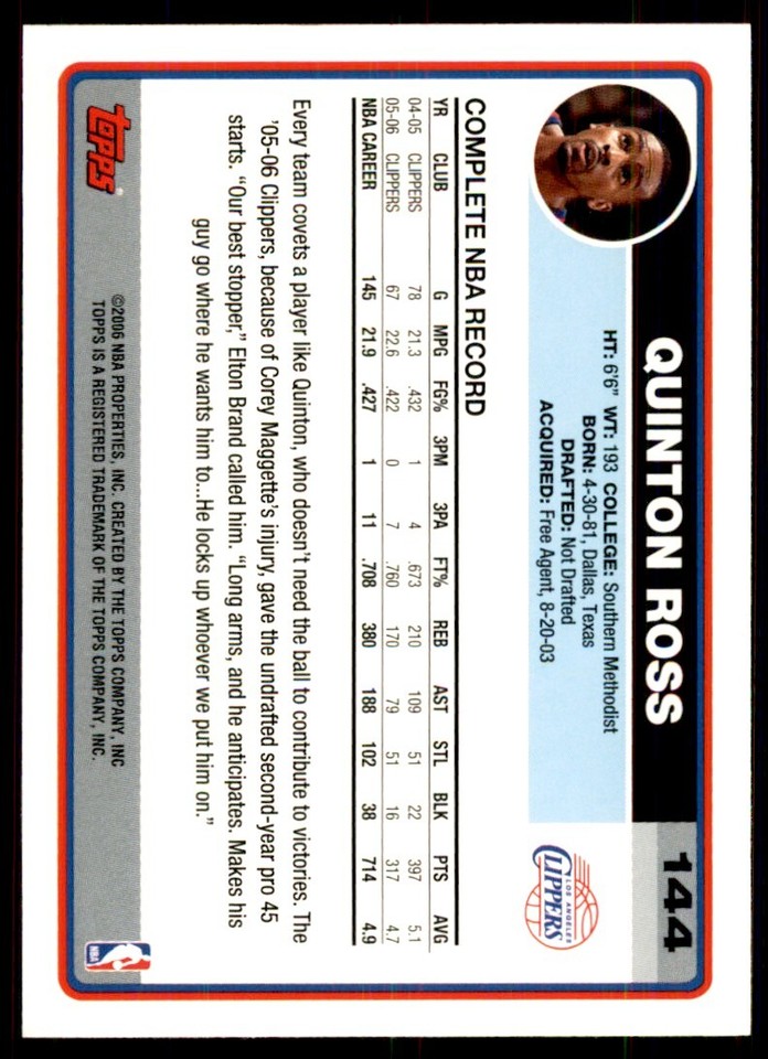 2006-07 Topps Quinton Ross Los Angeles Clippers #144 | eBay