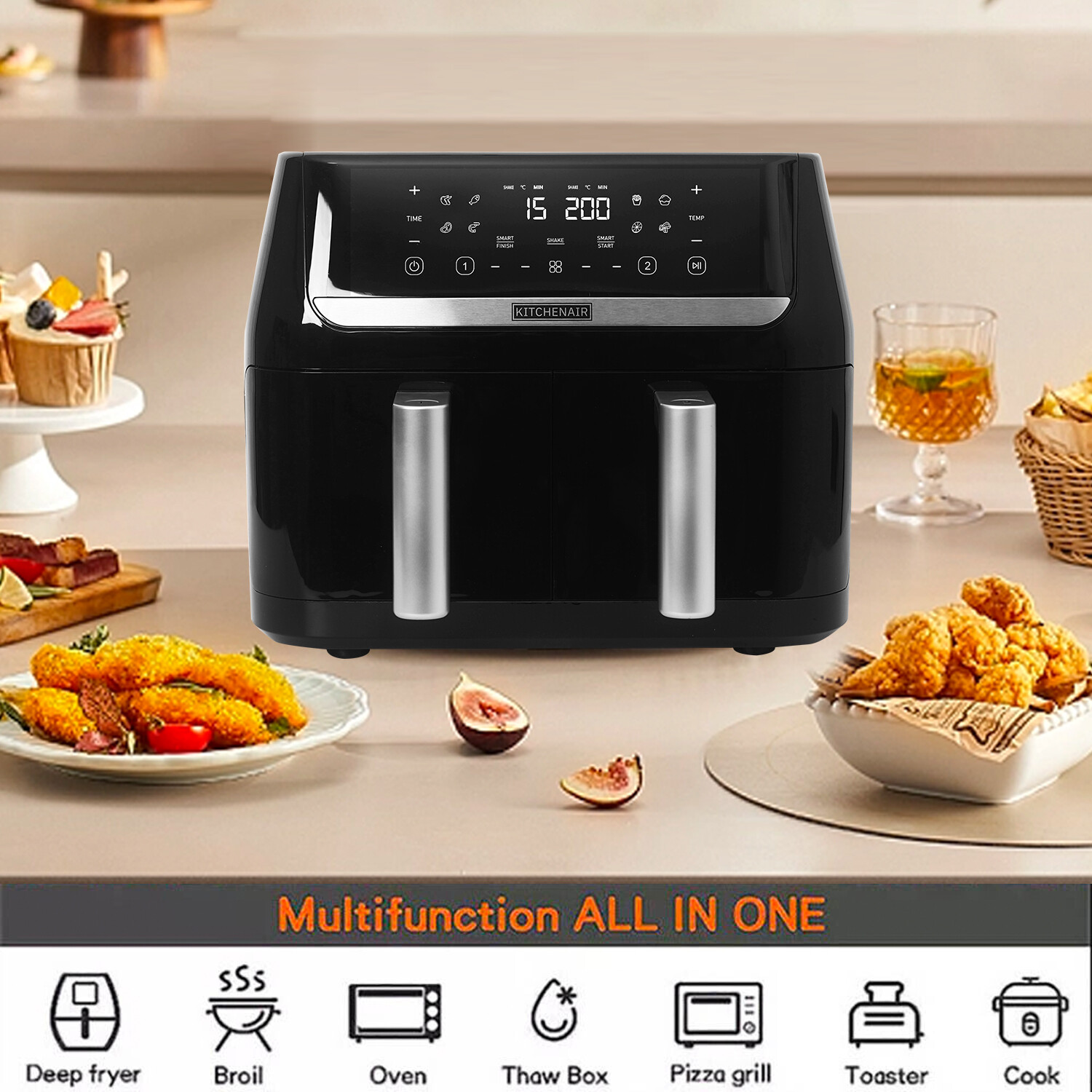 10L Dual Zone Digital Air Fryer Oven Cooker Oil Free Low Fat w/ Timer ...