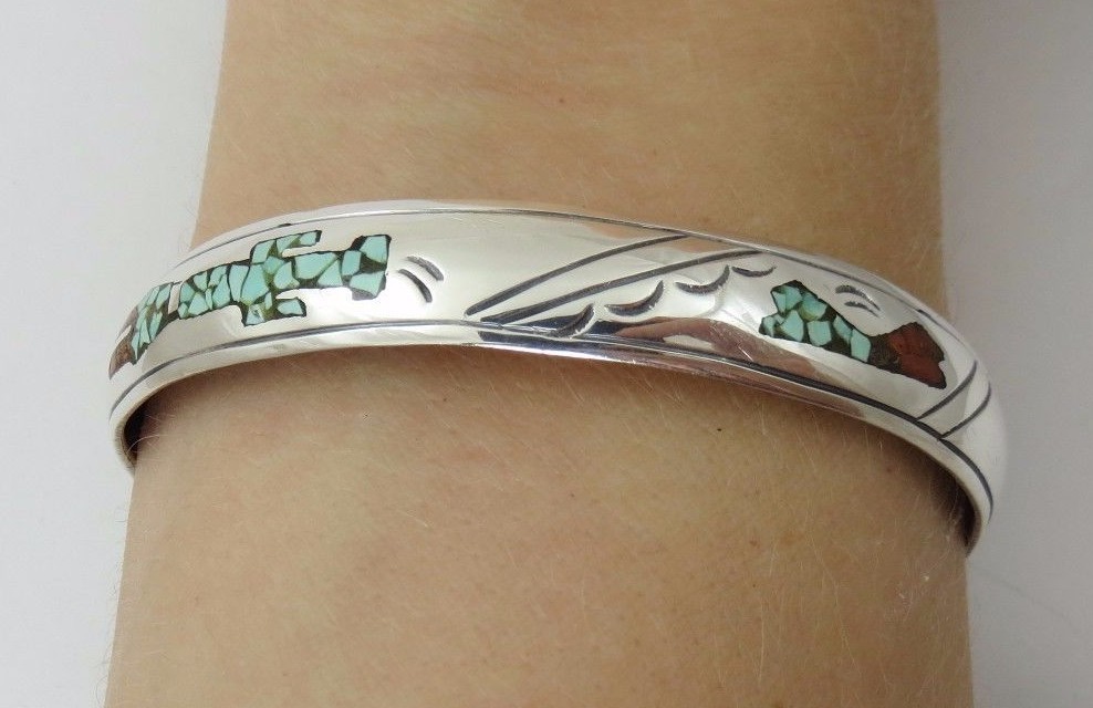 Nezzie Signed Sterling Turquoise & Coral Inlay Dancer Cuff Bracelet ...