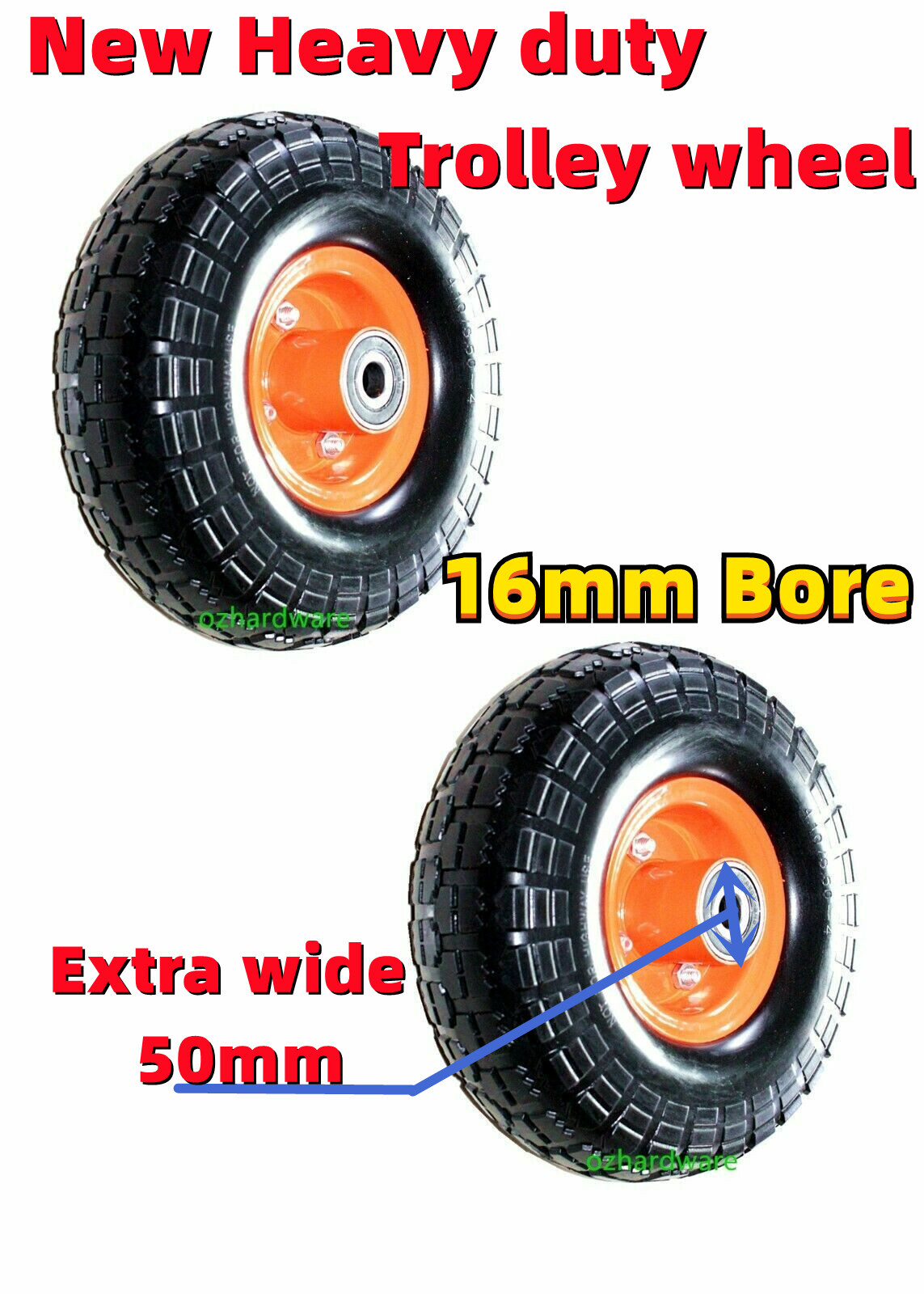 2x 10"Solid Rubber Trolley Wheels Flat Free Tires 4.10/3.50-4 Tyre 16mm ...