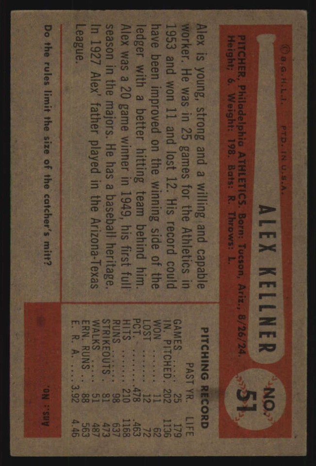 1954 Bowman #51 Alex Kellner VG/VGEX Athletics 567605 | eBay
