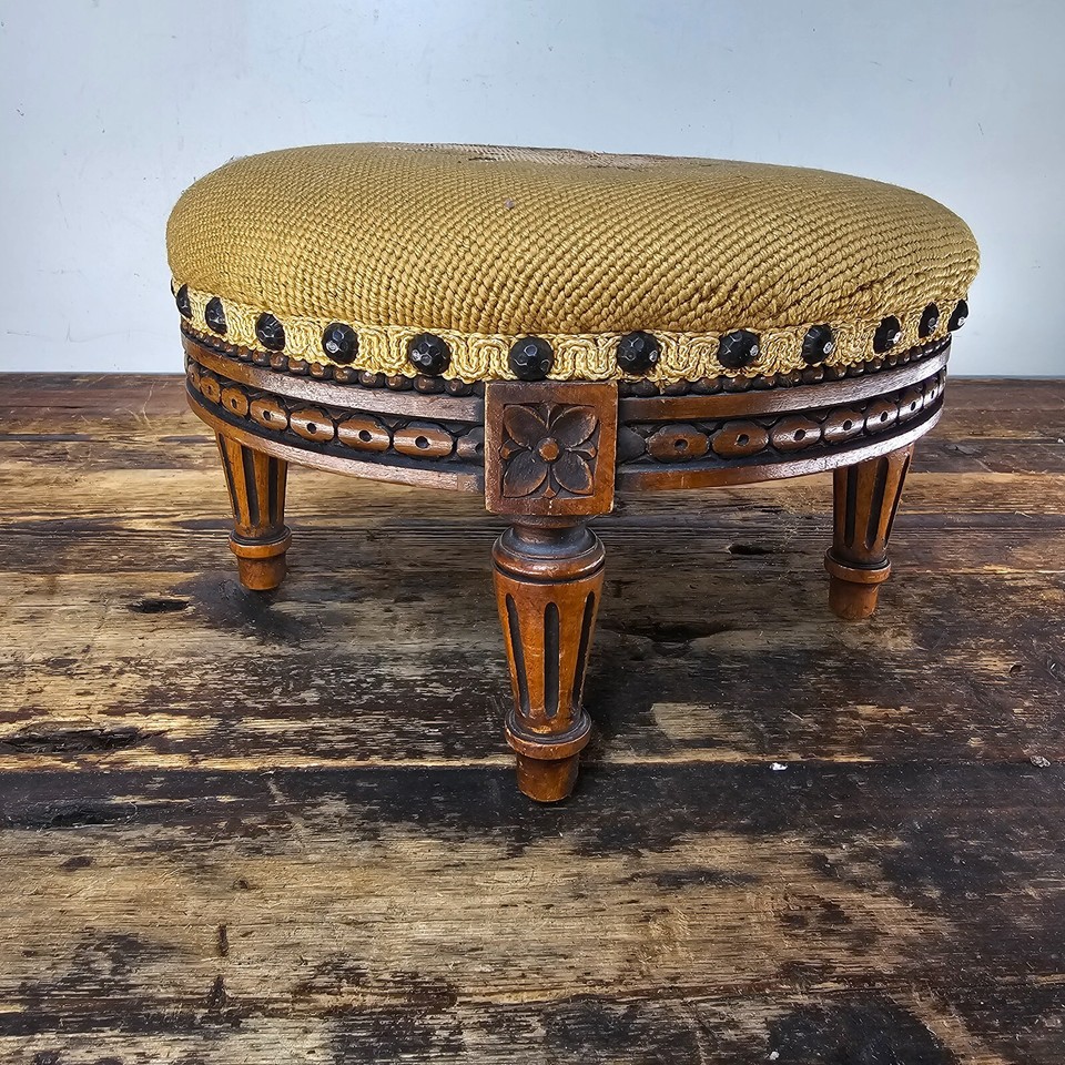 Antique French Petit Point Embroidered Footstool 11.5"Diam × 7.5"H | eBay
