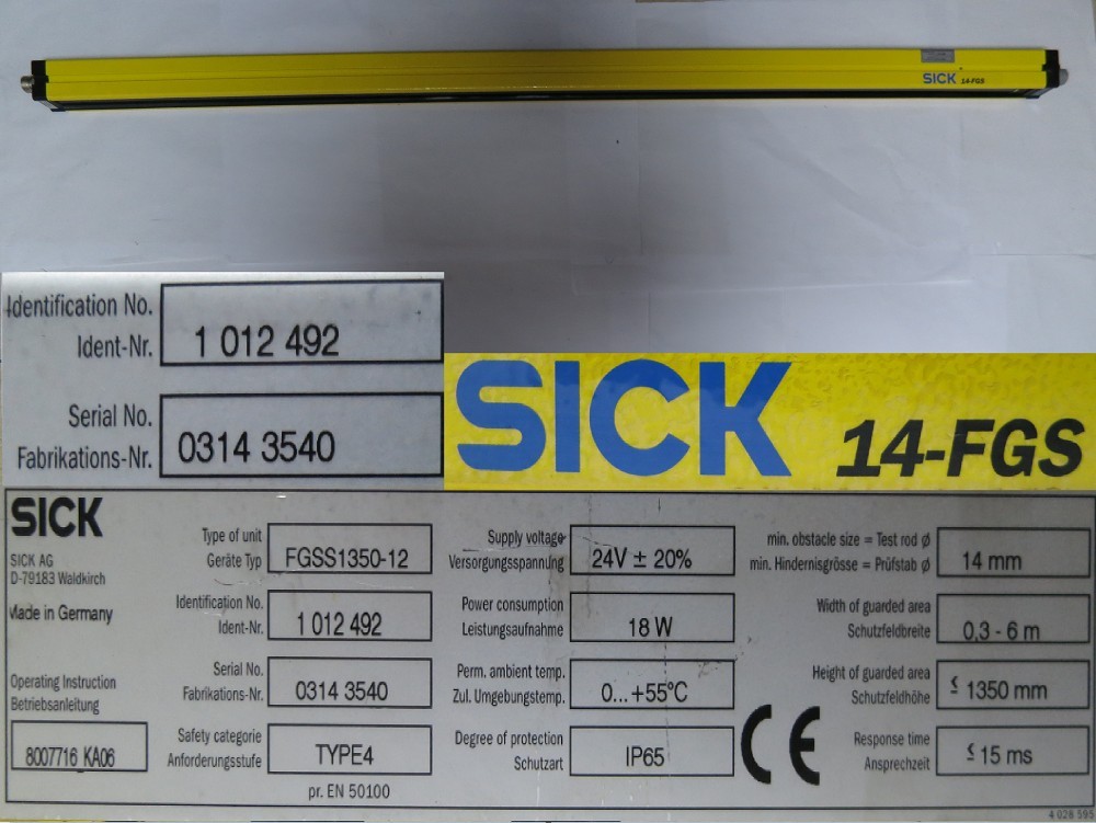 SICK 14-FGS FGSS1350-12 1 012 492 Lichtschranke Lichtvorhang Sender 26 ...