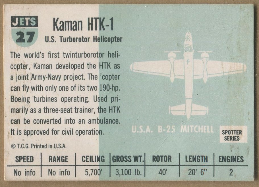 1956, Topps, Jets, #27 Kaman HTK-1, U.S. Turborotor helicopter, 16635 ...