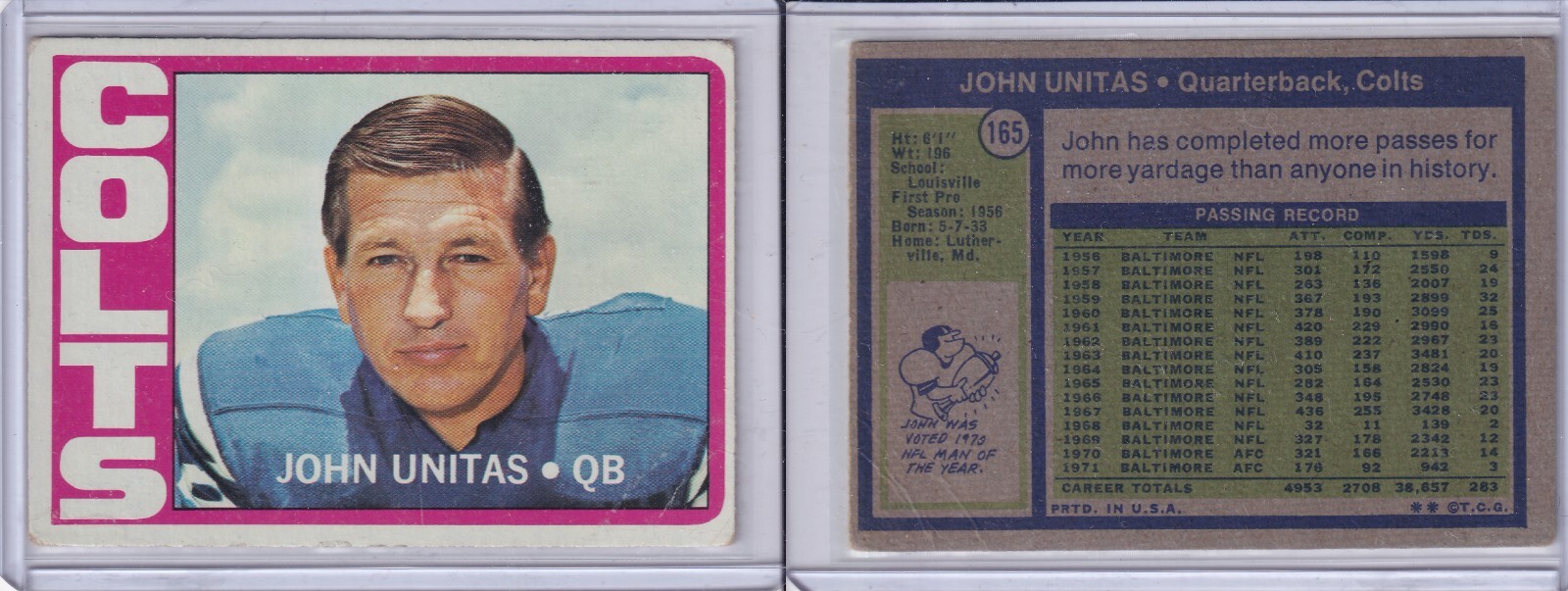 1972 Topps Football Card # 165 John Unitas Baltimore Colts QB VG | eBay