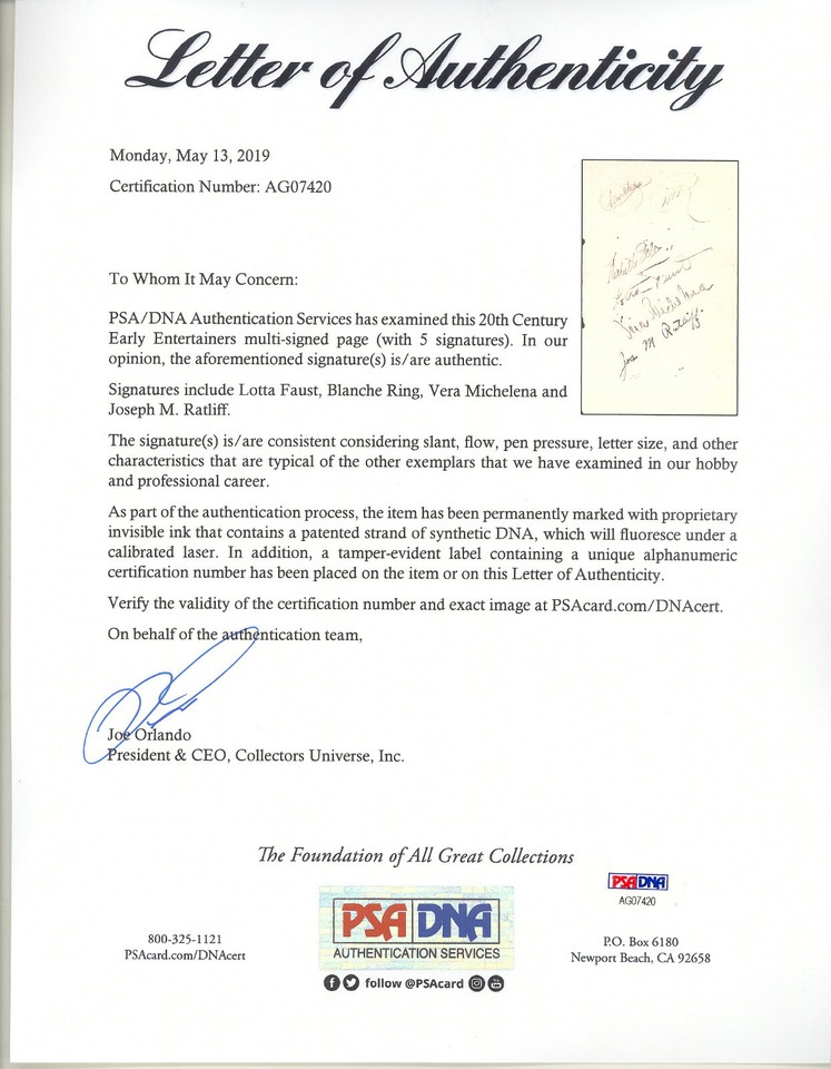 LOTTA FAUST BLANCHE RING VERA MICHELENA JOSEPH RATLIFF SIGNED CUT PSA ...