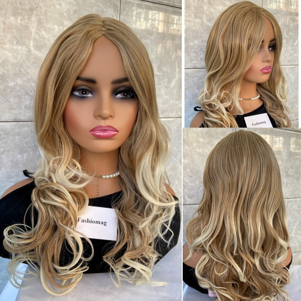 Long Wavy Honey Blonde Mix Human Hair Blend Heat Ok Wigs Women Soft ...