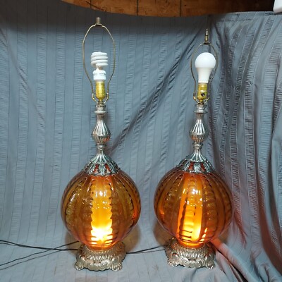 (2) Vintage Table LampsEF & EF Industries 3-Way Lamps Amber Globe | eBay