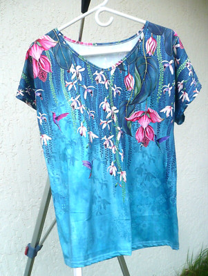 HUMMINGBIRD BLOUSE ORCHID COLORFUL FLORAL HAWAIIAN CORAL FLOWER STRETCH ...