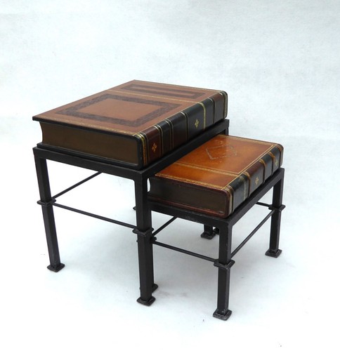 VINTAGE LEATHER NESTING TABLES BOOK FORM LEATHER WROUGHT IRON MID ...