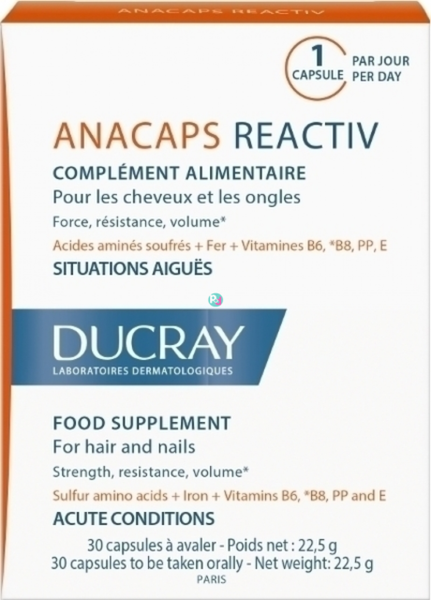 Ducray Anacaps Reactiv Food Supplement Hair and Nails Capsules - 30 ...