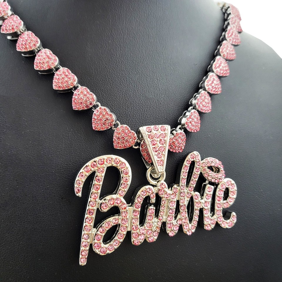 Women Silver Plated Pink Barbie & 20" Iced Cubic Zirconia Heart Chain ...