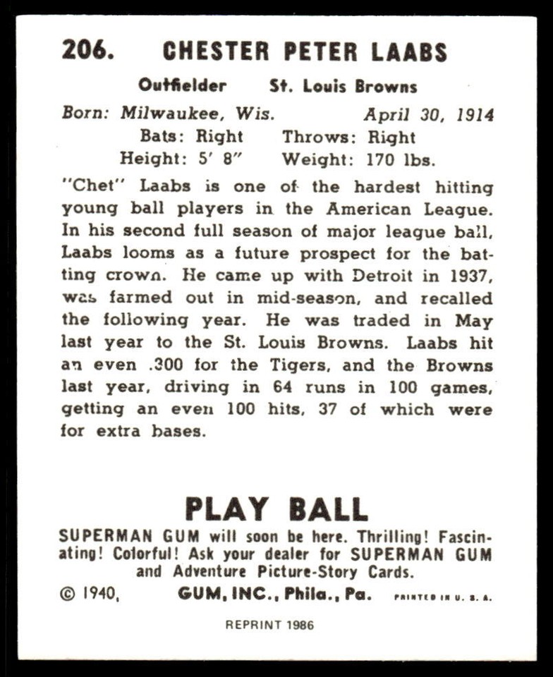 1986 Play Ball 1940 Reprint 206 Chet Laabs St. Louis Browns | eBay