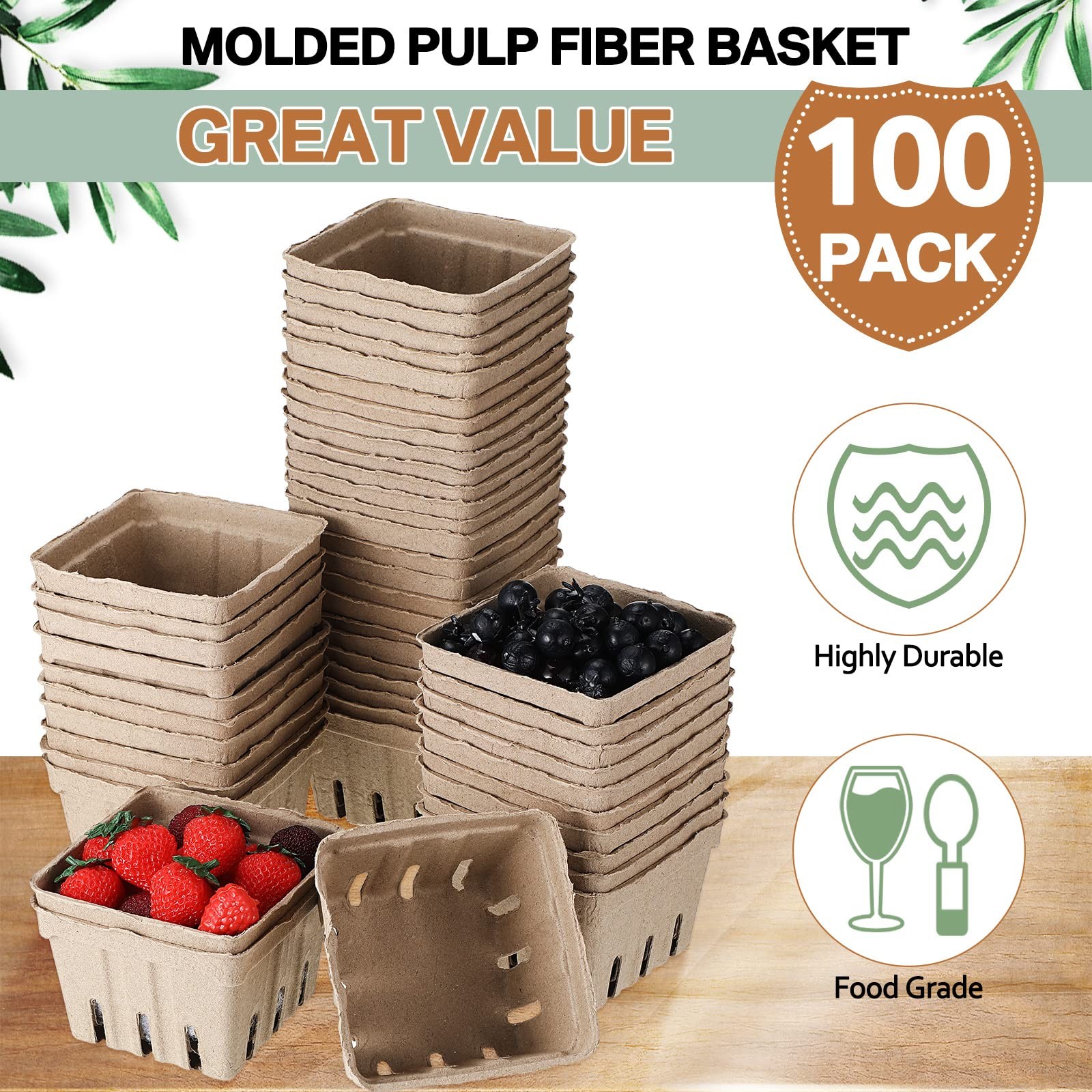 80 Pcs Natural Pulp Fiber Berry Basket 1 Pint, 4.3 x 4.3 x 3 Inch ...
