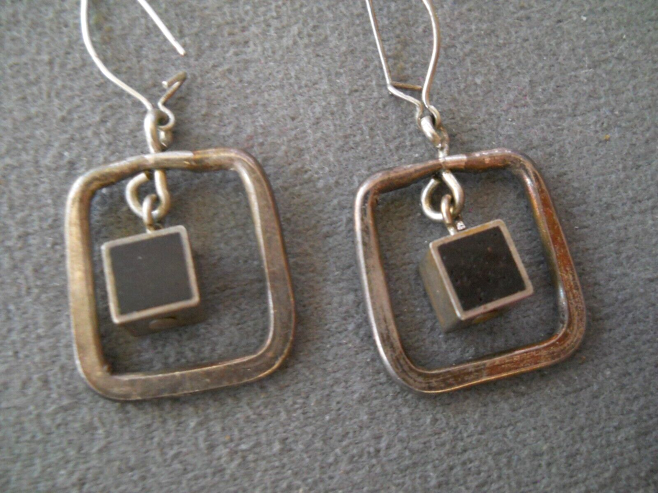 Southwestern Style Sterling Silver Square Jet Silver Cube Dangle Hook ...