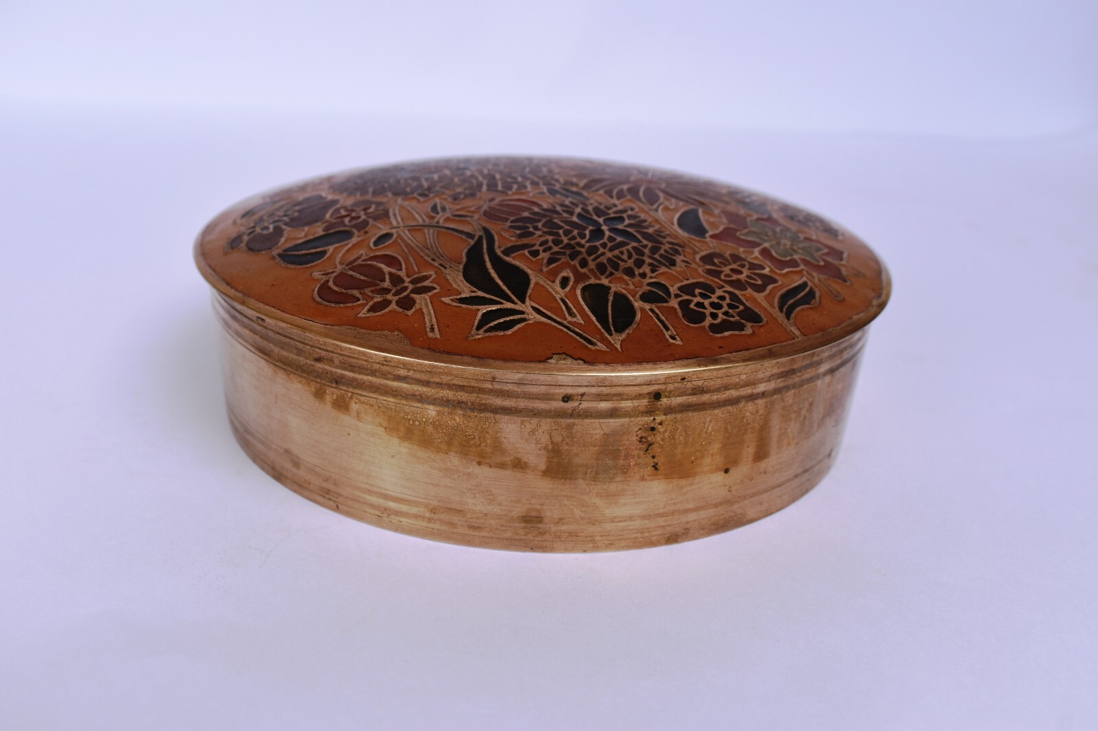 Copper Brass Trinket Box Enamel Engraved Colorful Floral Design Lid ...