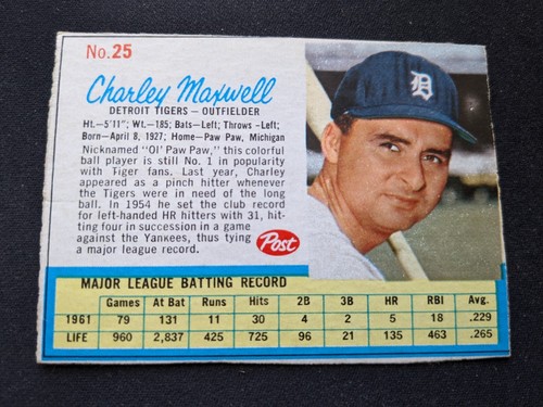 1962 Post Cereal Baseball Card # 25 Charlie Maxwell - Detroit Tigers ...