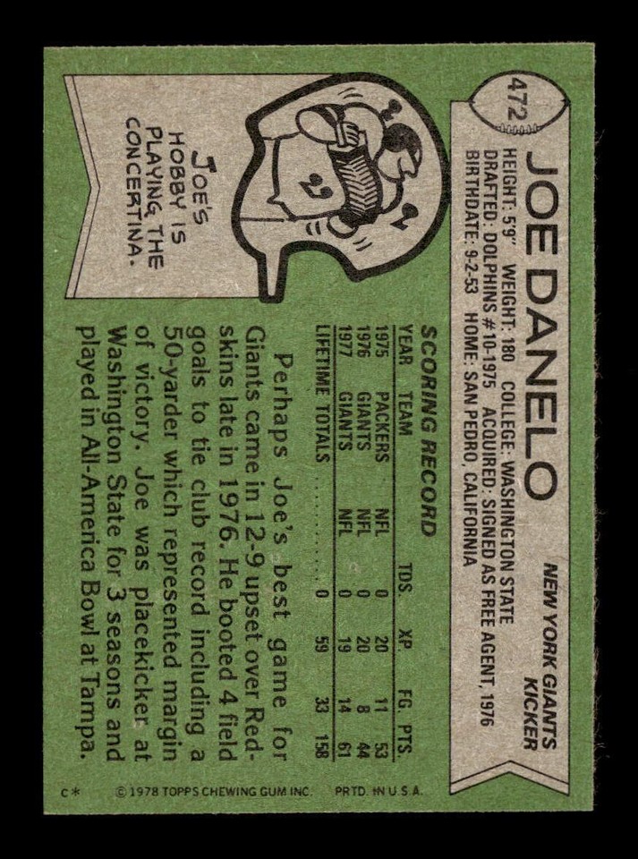 1978 Topps #472 Joe Danelo New York Giants EX Football Card *H712 | eBay