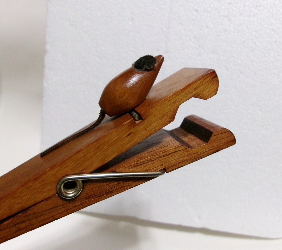 Vintage Jumbo Walnut Wood Clothes Pin CHIP Clip 2" MOUSE Finial Leather ...