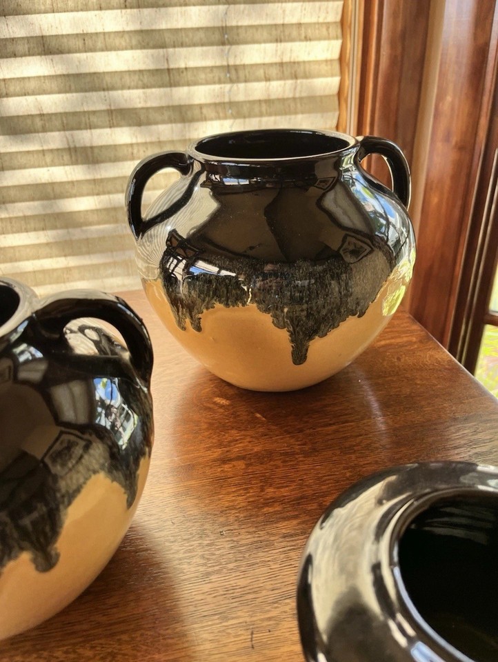 Three Zanesville Pottery Ebonello Vases Arts & Crafts Drip EUC | eBay