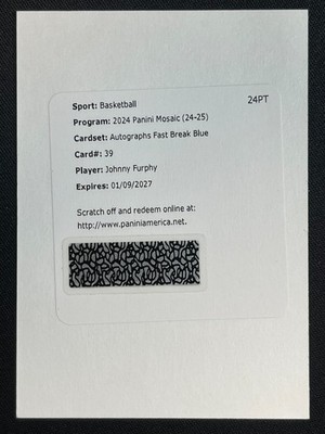 JOHNNY FURPHY /25 ROOKIE FAST BREAK BLUE PRIZM AUTO AUTOGRAPH 2024-25 ...