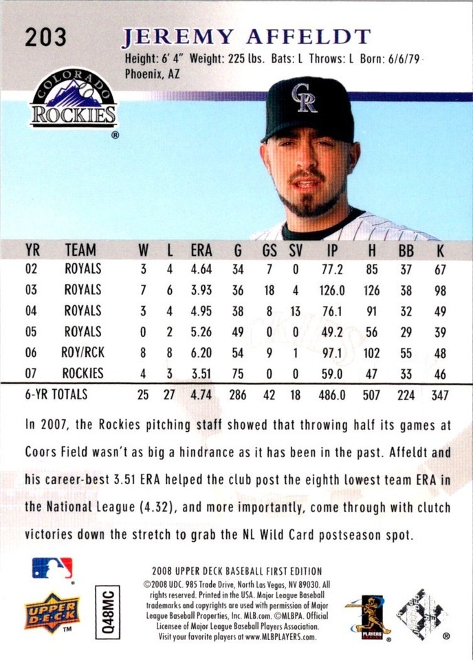 2008 Upper Deck First Edition Jeremy Affeldt #203 Colorado Rockies ...