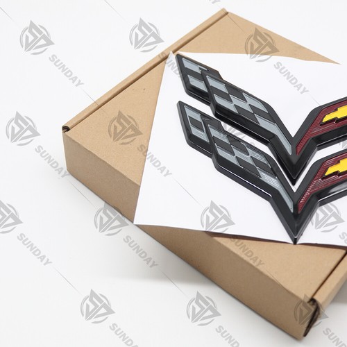 2pc For Corvette C7 2014-19 Gloss Black Front / Rear Cross Flags Emblem ...