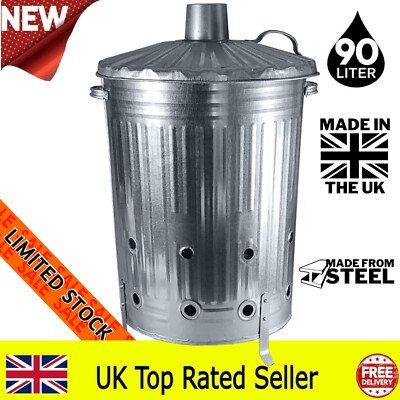 LARGE 90L INCINERATOR FIRE BIN GALVANISED GARDEN BURNING RUBBISH TRASH ...